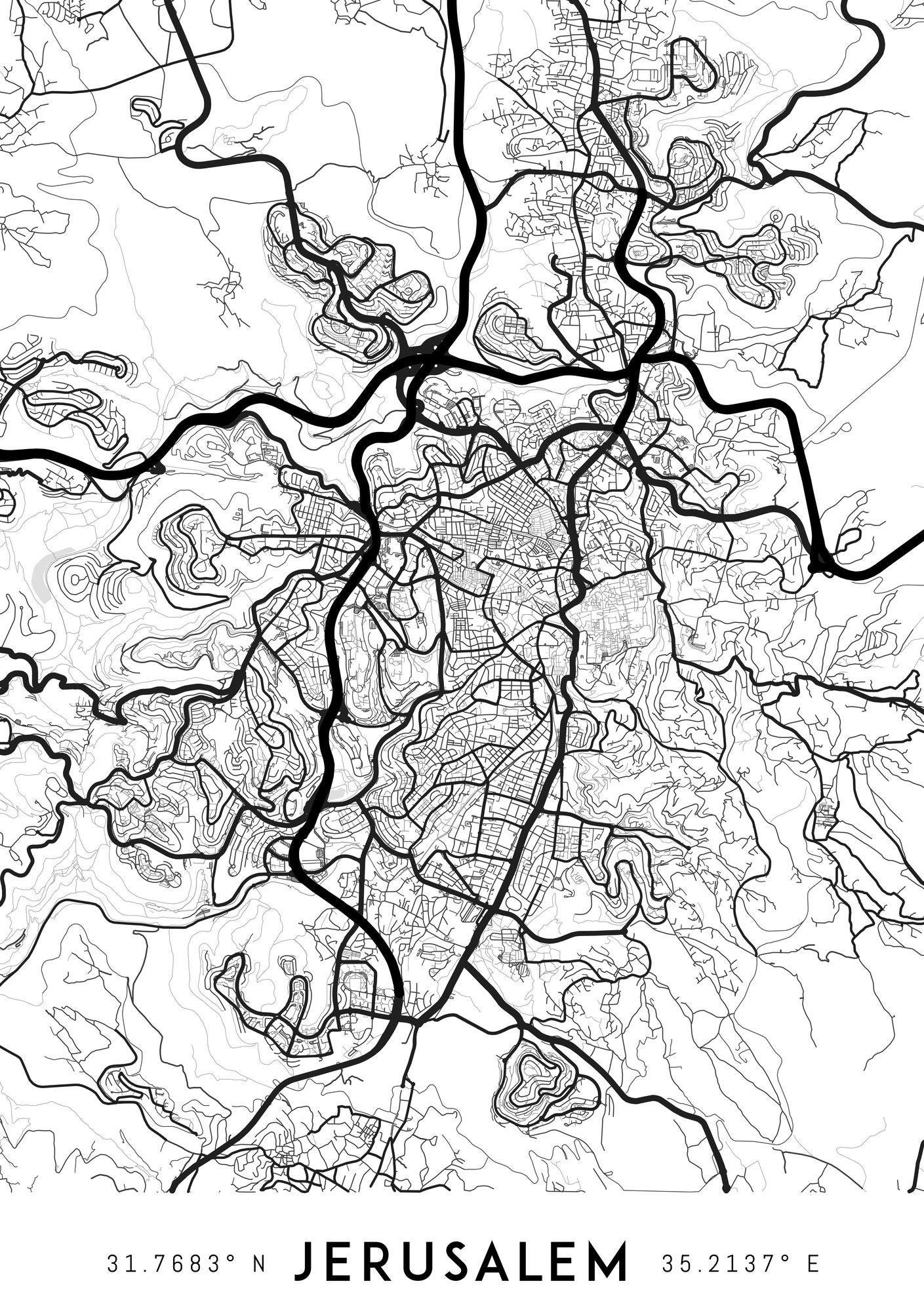 Jerusalem map print, Printable Jerusalem map art, Jerusalem print ...