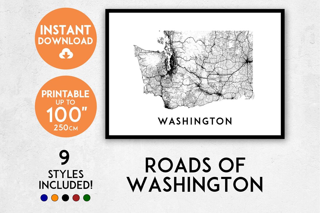 Washington Map Print, Printable Washington Map Art, Washington Print ...
