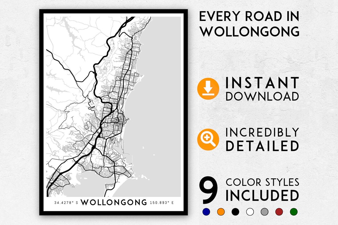 Wollongong Map Print, Wollongong Print, Wollongong City Map, Australia ...