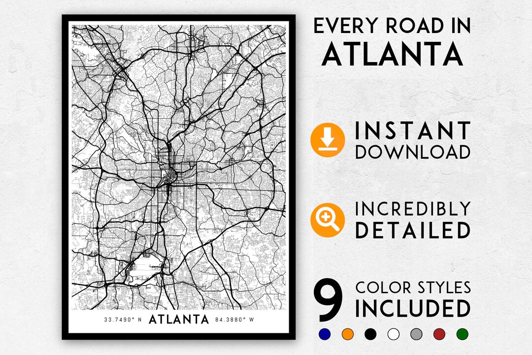 Impresión de mapas de Atlanta, impresión de Atlanta, mapa de la ciudad ...