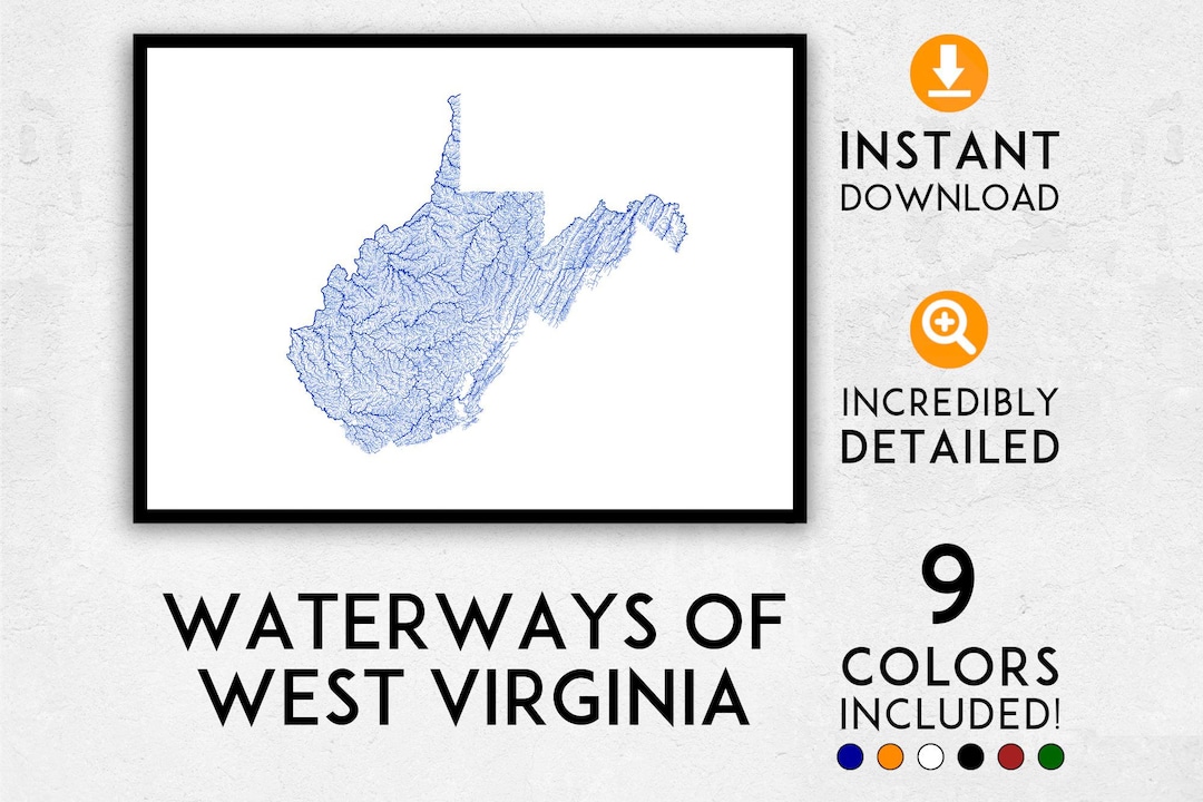 West Virginia Rivers Map Art Print: Detailed Waterways (digital ...