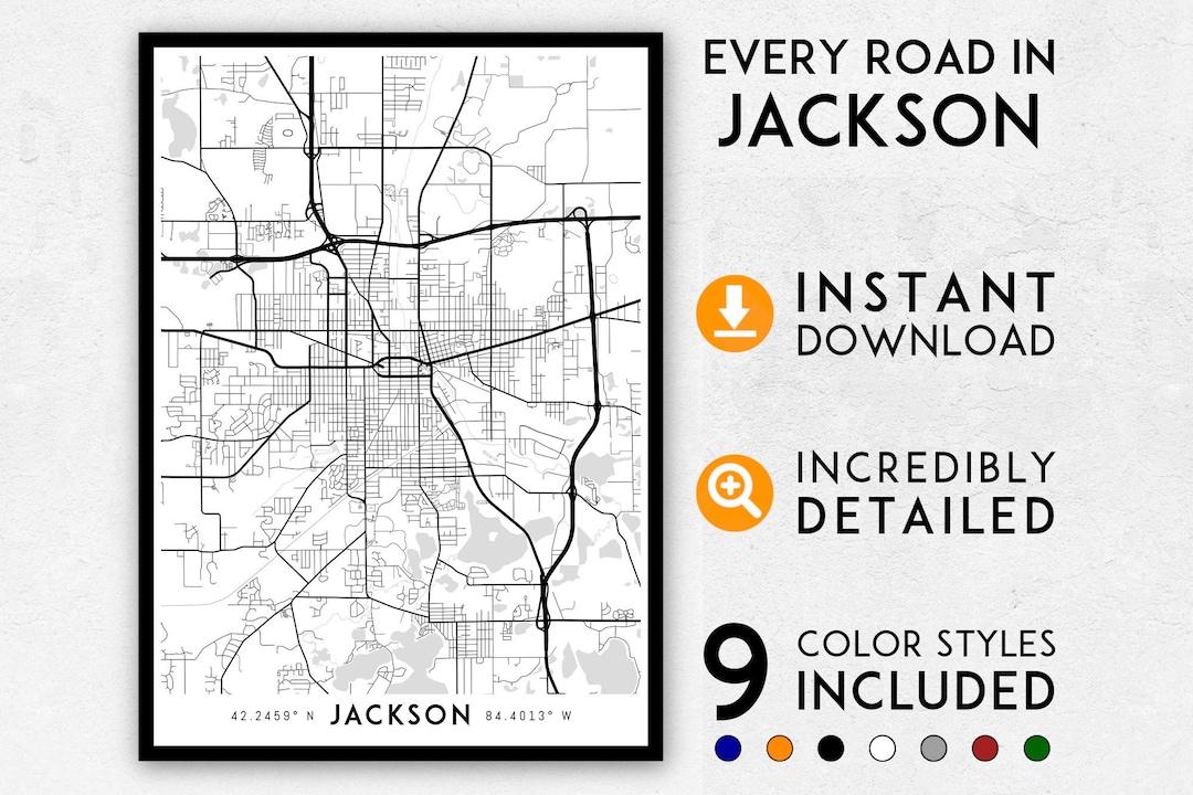 Jackson Michigan Map Print, Jackson Michigan Print, Jackson Michigan ...