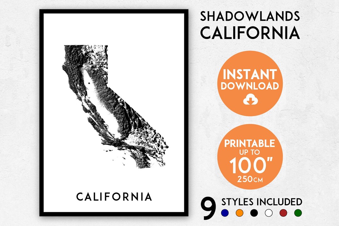 Shadowlands California Map Art Print: Topographic Wall Decor (digital ...