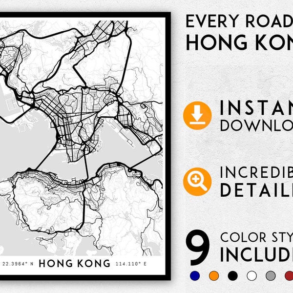 Hong Kong Map Printable - Etsy