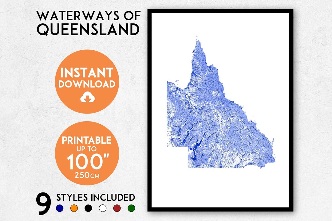 Queensland Waterways Map Art: Detailed Australia Print (digital ...