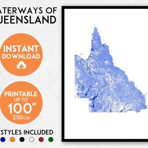 Waterways of Queensland Map Art | Printable Queensland Map Print ...