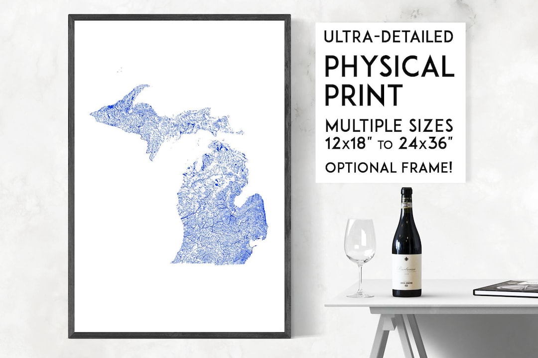 Waterways of Michigan Print | Physical Michigan Map Print, Michigan ...