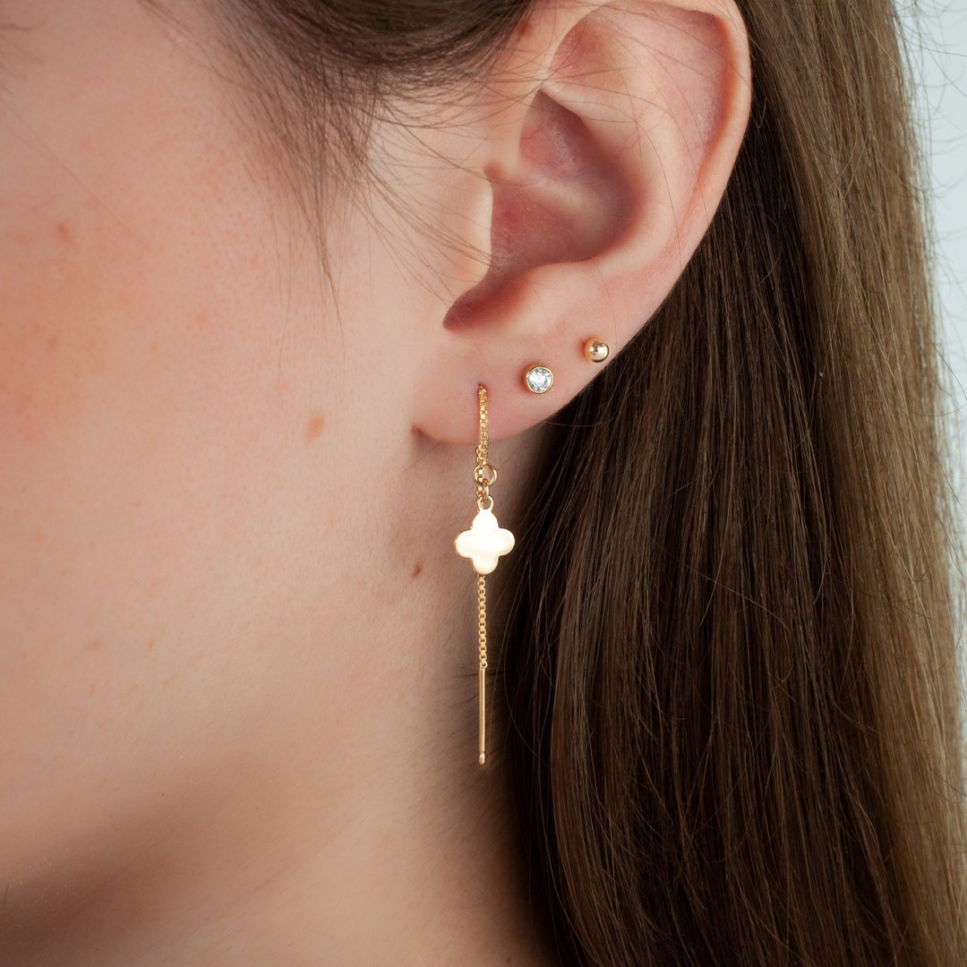 Dainty Earrings, Gold Threader Earrings, Chain Piercing - Etsy