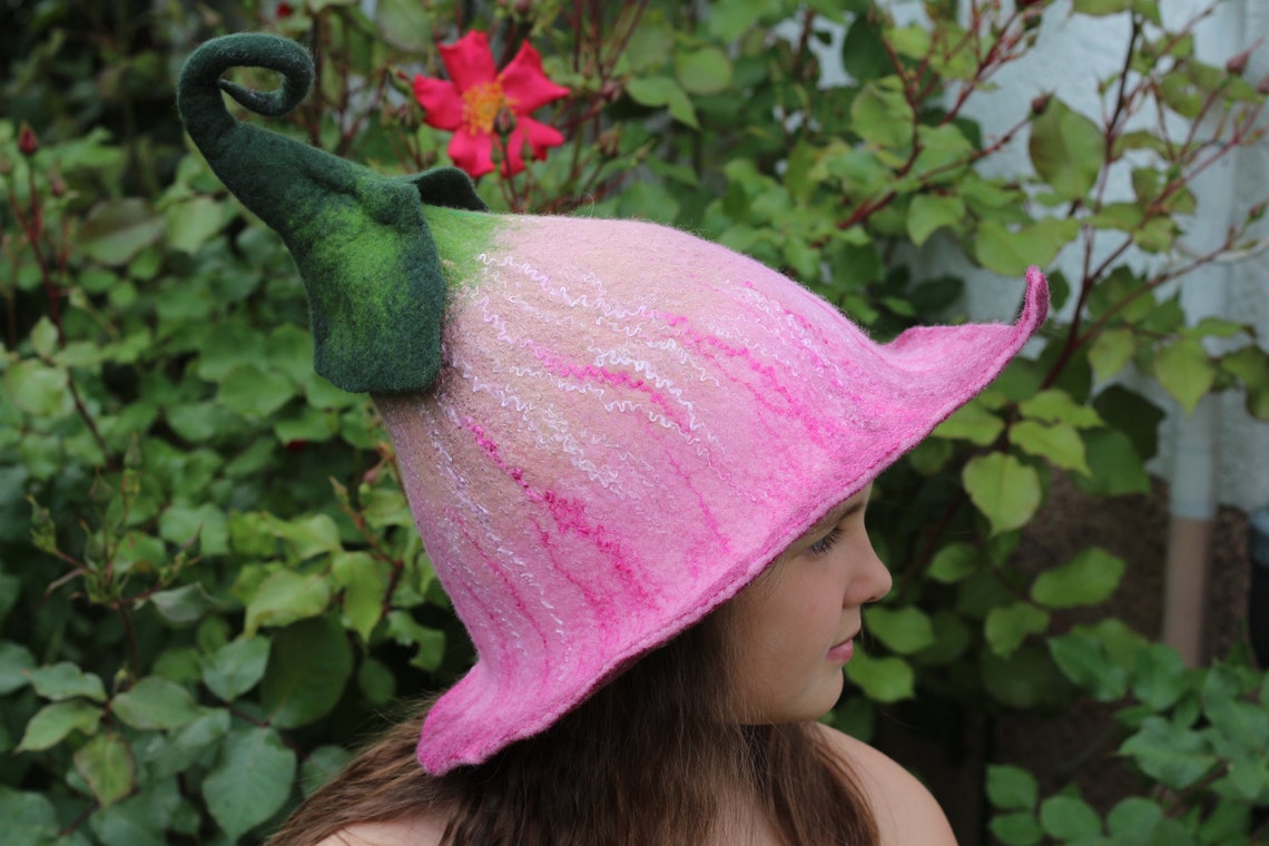 Pink Calla Sauna Hat With a Curly Tail Felted Women Hat Gift | Etsy