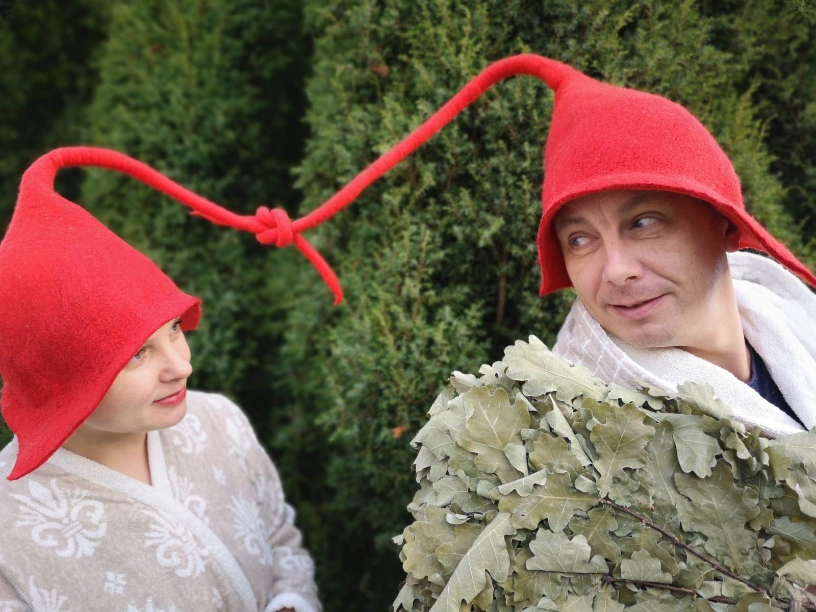 Playful Couple Red Sauna Hats Set With a Curly Tail, Felted Hat Unisex ...
