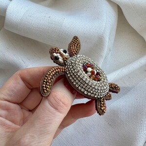 Beaded Turtle Brooch Crystal Embroidered Nautical Jewelry Pin for Sea ...