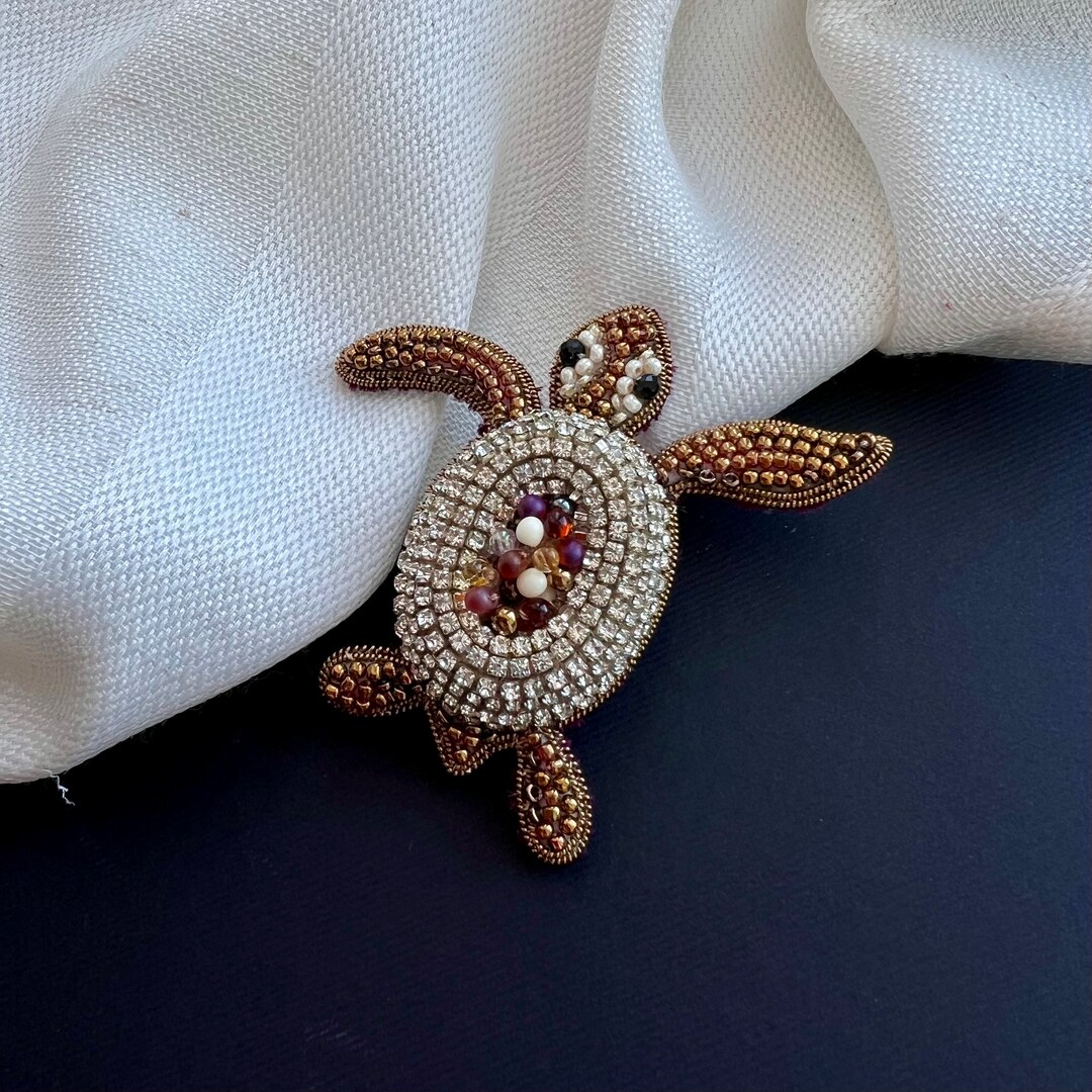 Crystal Embroidered Turtle Brooch: Beaded Nautical Jewelry Pin - Etsy