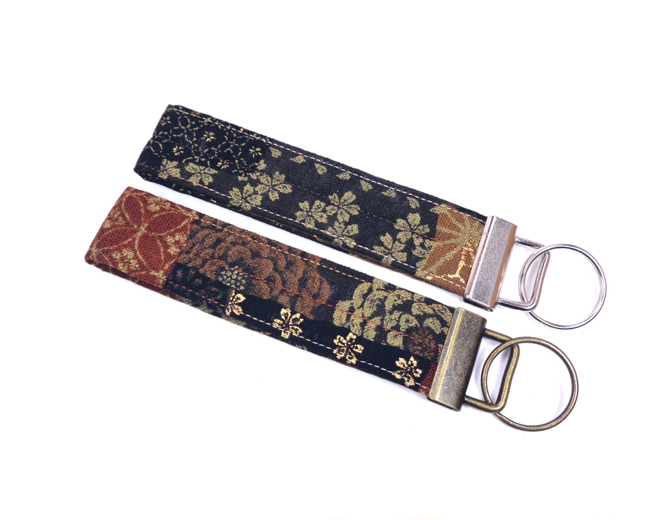 Japanese Patchwork Key Fob: Nara Homespun Fabric Wrist Loop, Brown Gold ...