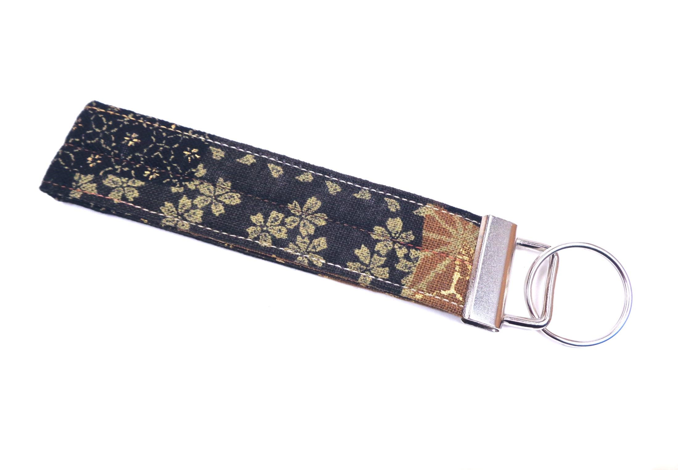 Japanese Patchwork Key Fob: Nara Homespun Fabric Wrist Loop, Brown Gold ...