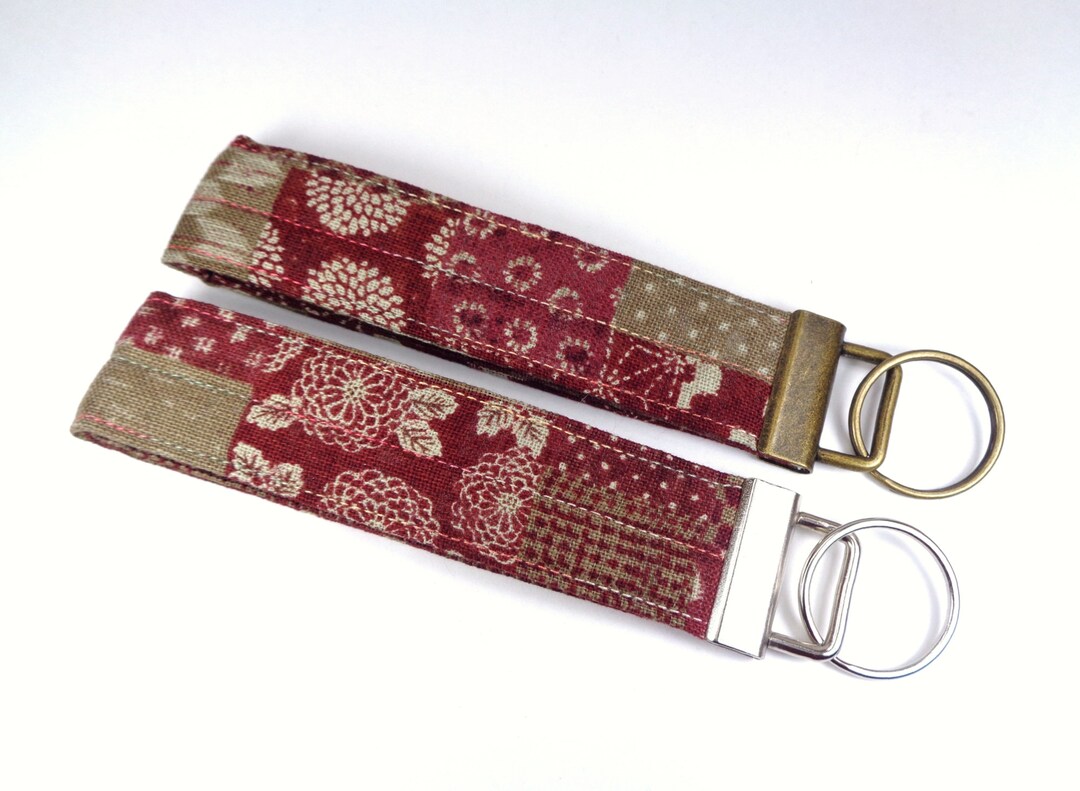Japanese Patchwork Key Fob, Red Nara Homespun Wristlet Keychain, Fabric ...