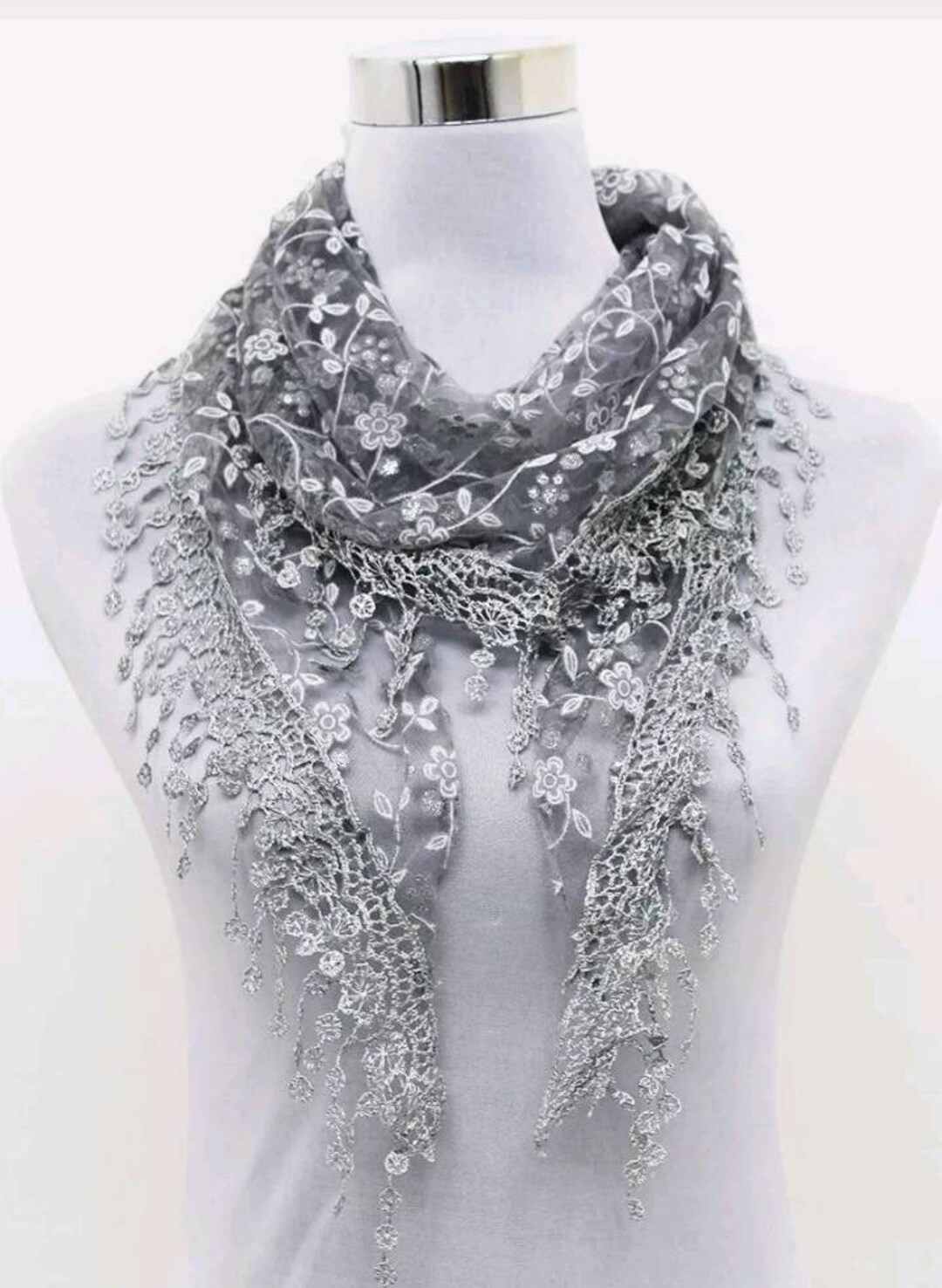 Lace Triangle Scarf - Silver - Etsy UK