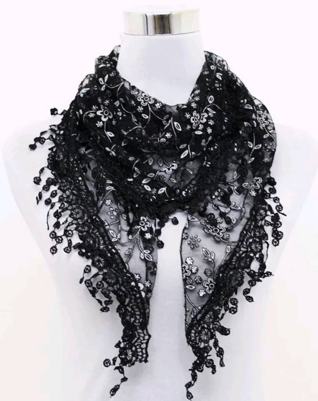 Lace Triangle Scarf - Black - Etsy