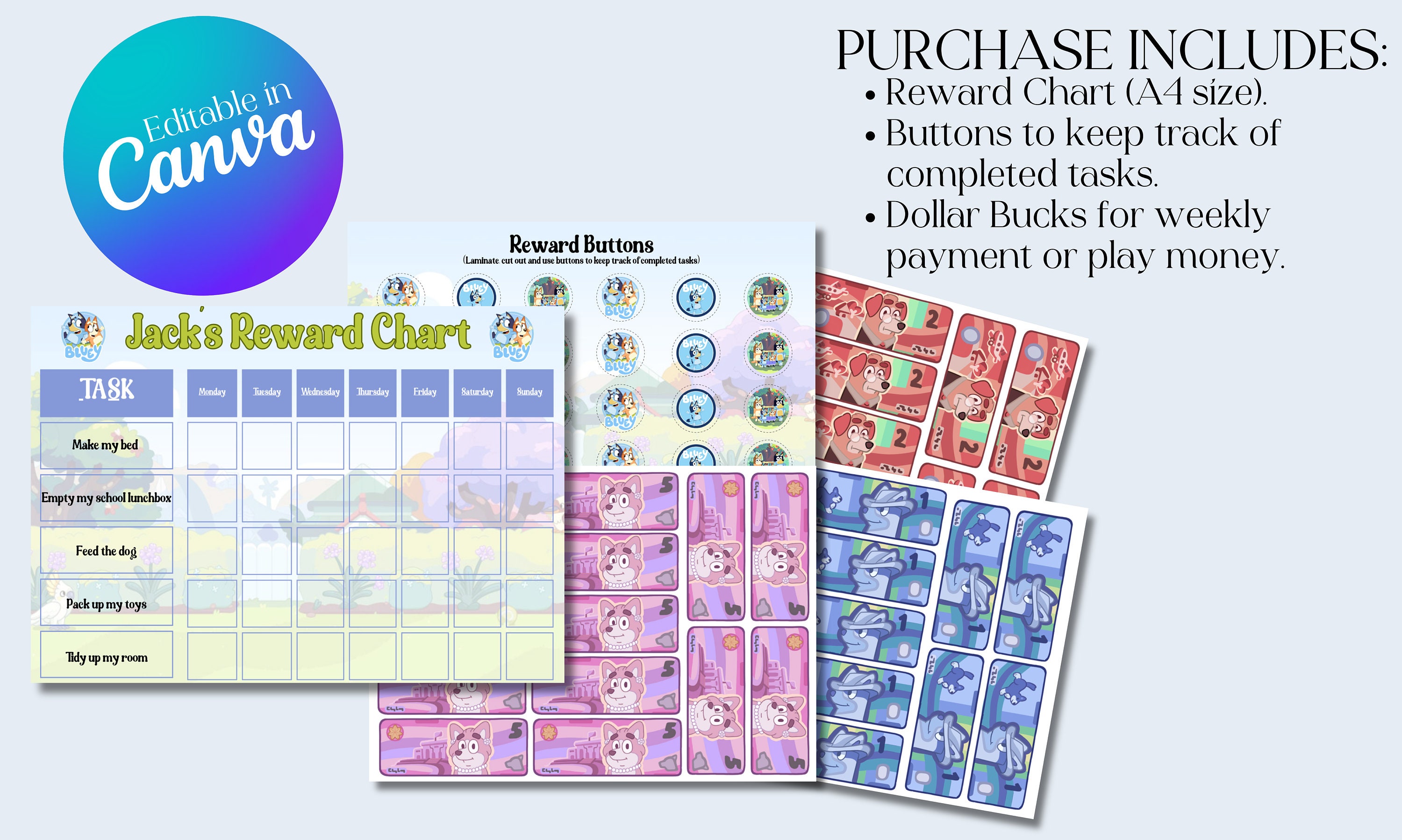 Bluey Rewards Chart | Editable A4 Landscape | Bluey Dollar Bucks ...