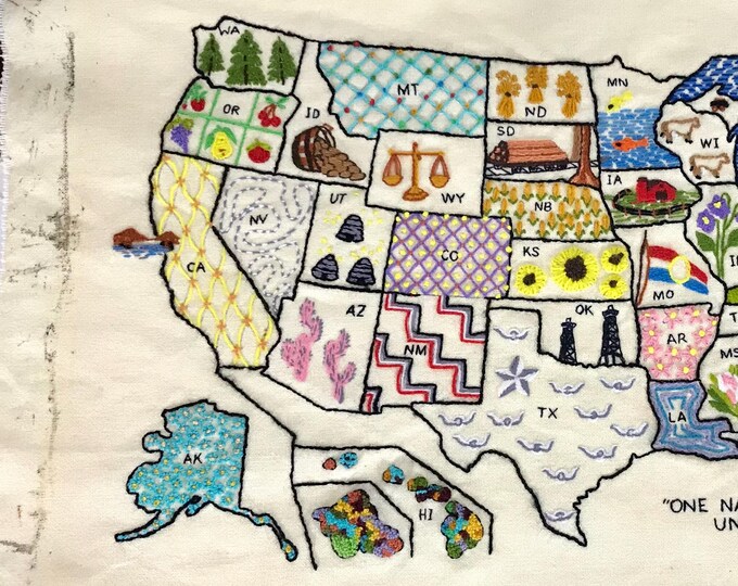 80s United States Symbols Map Crewel Embroidery Finished, One Nation ...