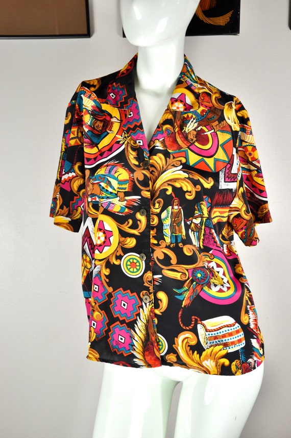 90s Native American Warrior Print Blouse, Notations, … - Gem
