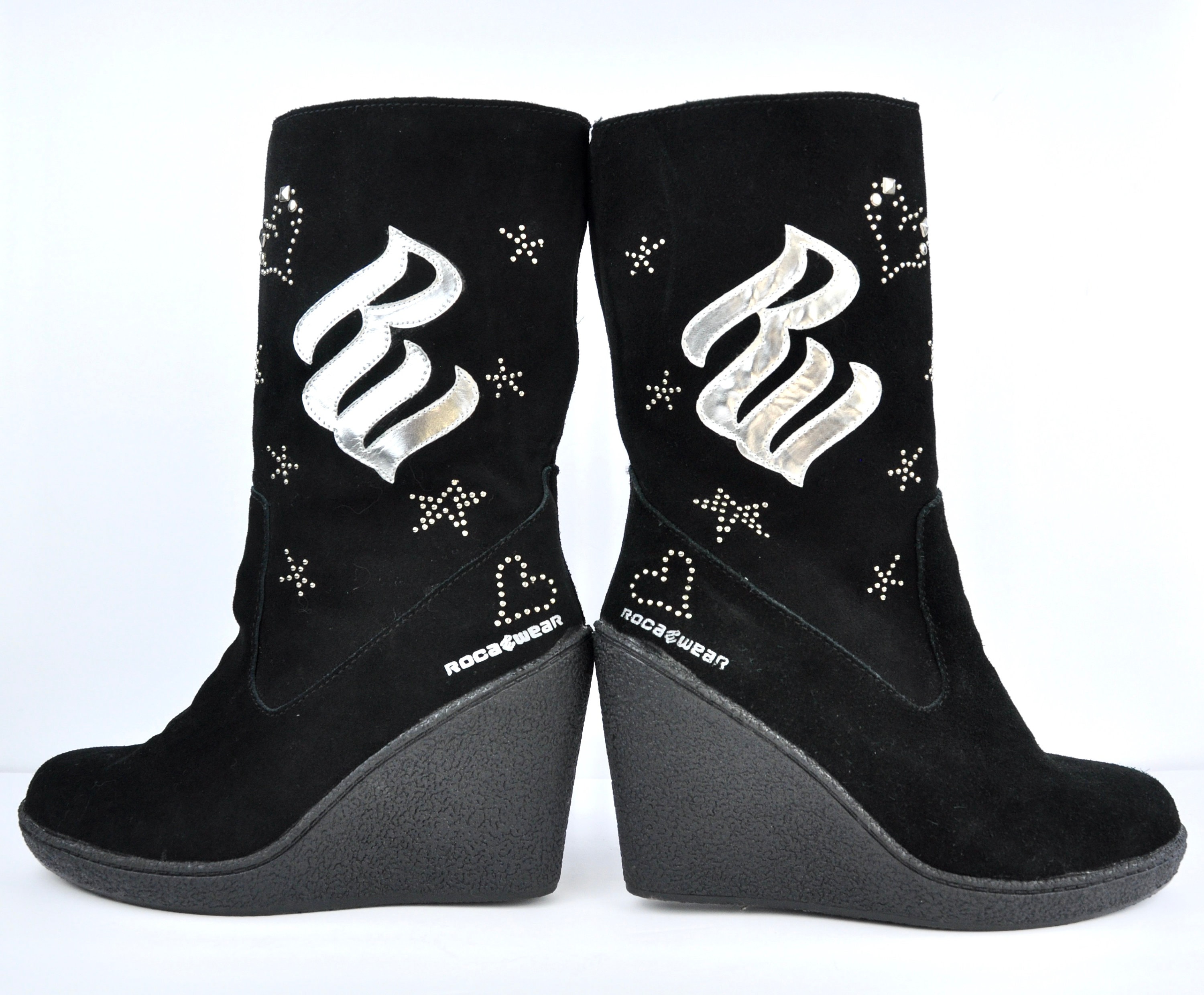 90s Y2K Rocawear Boots, Stars and Hearts Black Suede 90s Y2K Rocawear Boots, Stars and Hearts Black Suede