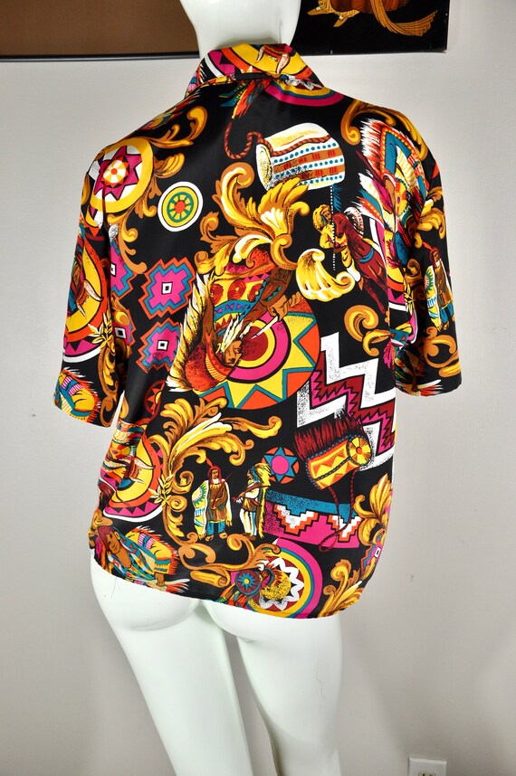 90s Native American Warrior Print Blouse, Notations, … - Gem