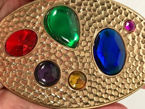 80s Hammered Metal Rainbow Gemstone Belt Buckle - Gem