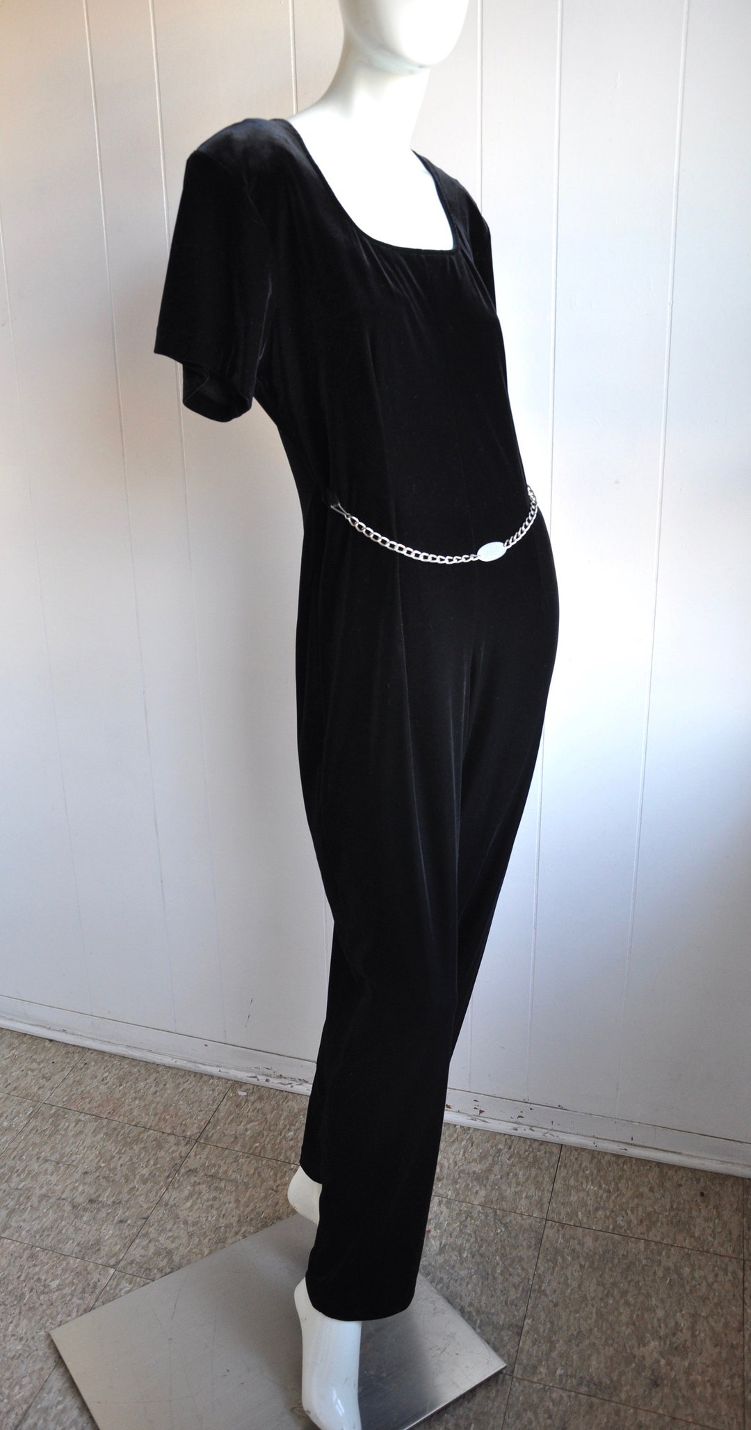 90s Velvet Jumpsuit W/ Square Neck & Waist Chain, Panache Size 12, New ...