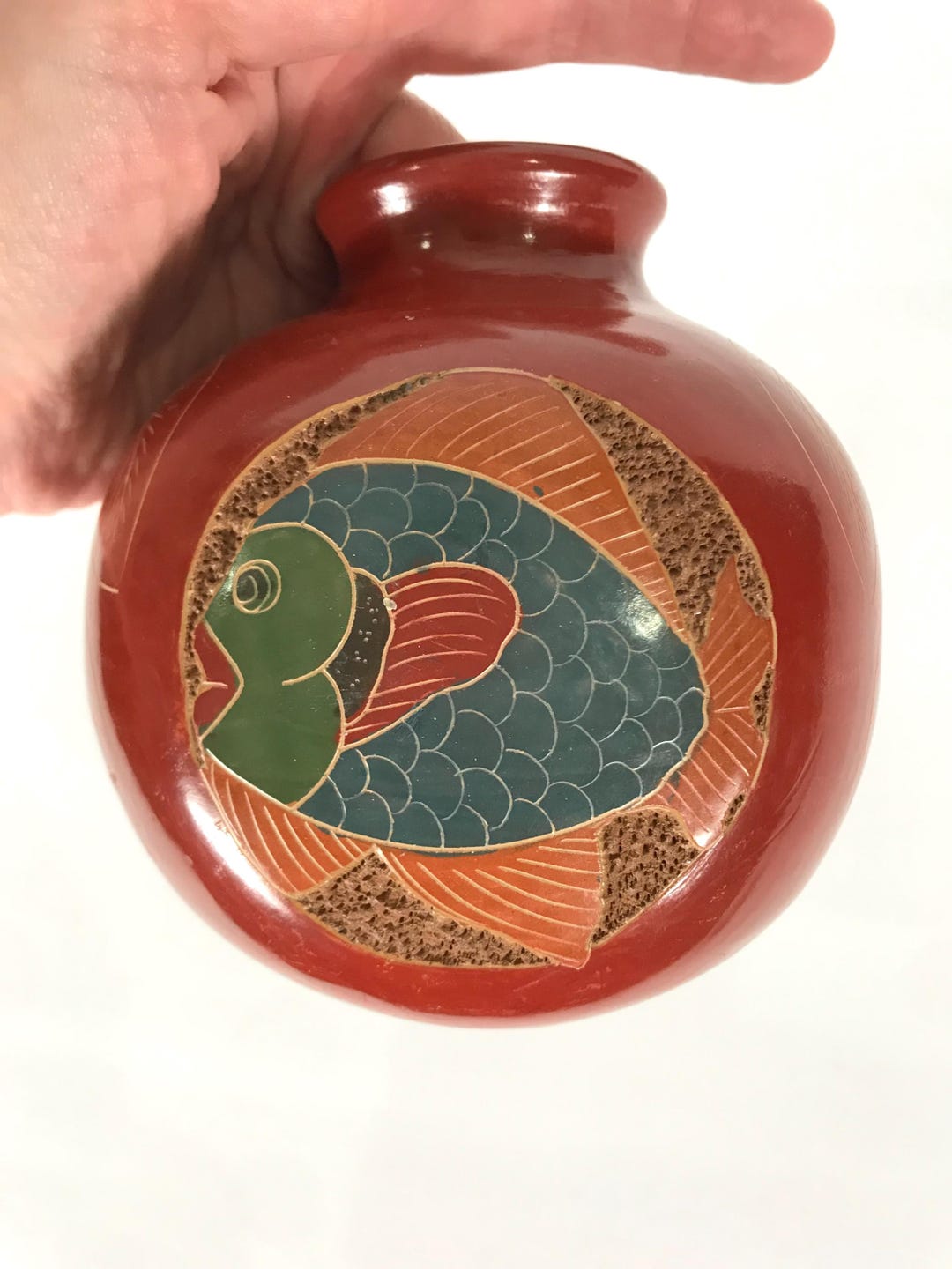 80s Redware Fish Vase, Etched Ceramic Vase Tropical Art Fish Vase MCM ...