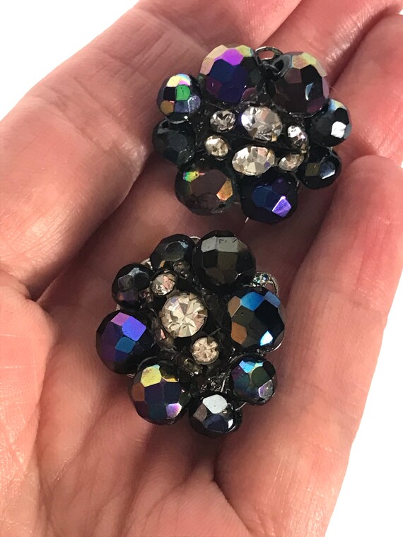 80s Black Iridescent Rhinestone Crystal Flower Bead C… - Gem