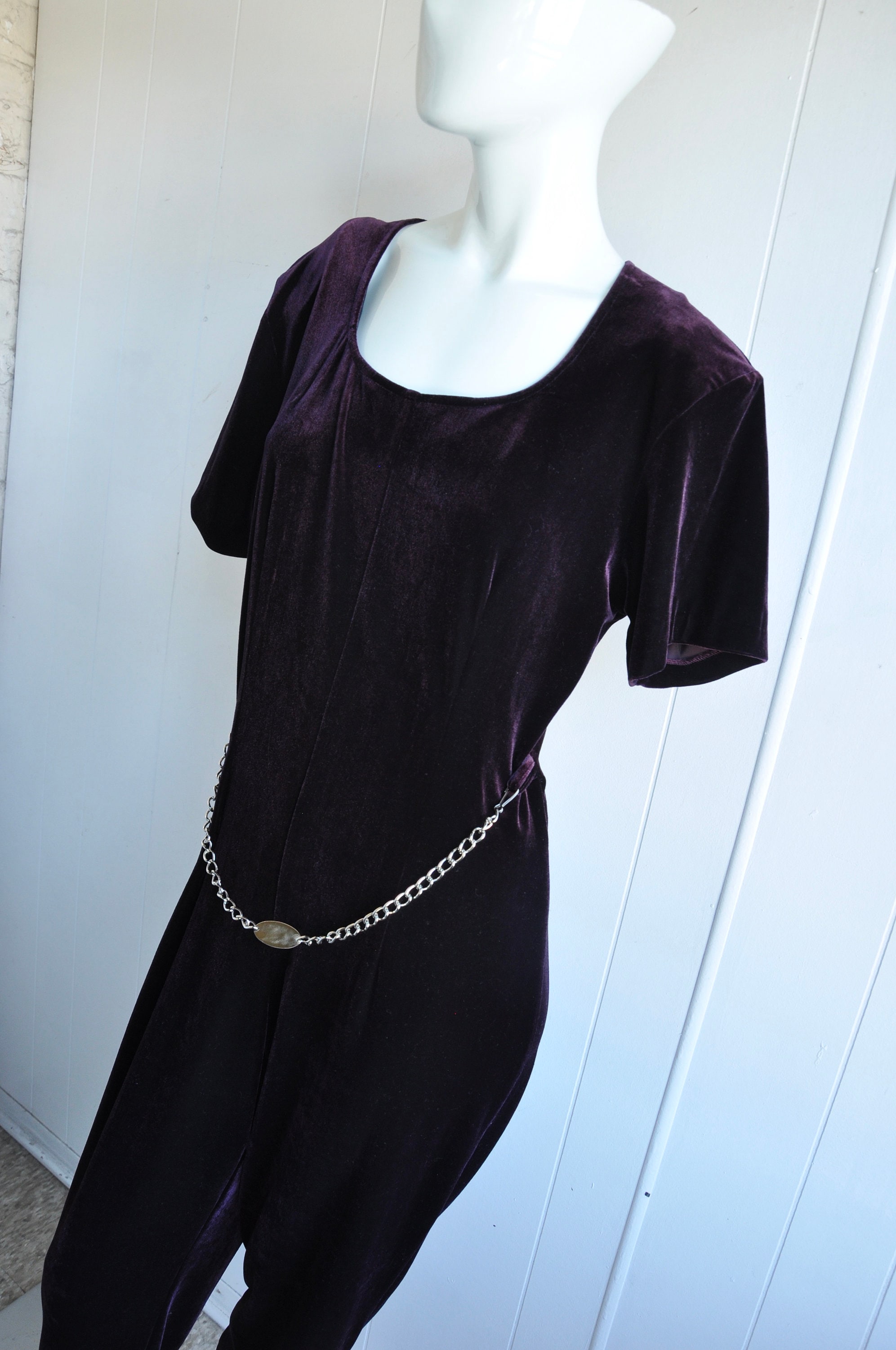 90s Purple Velvet Velour Jumpsuit W/ Waist Chain Panache Size | Etsy