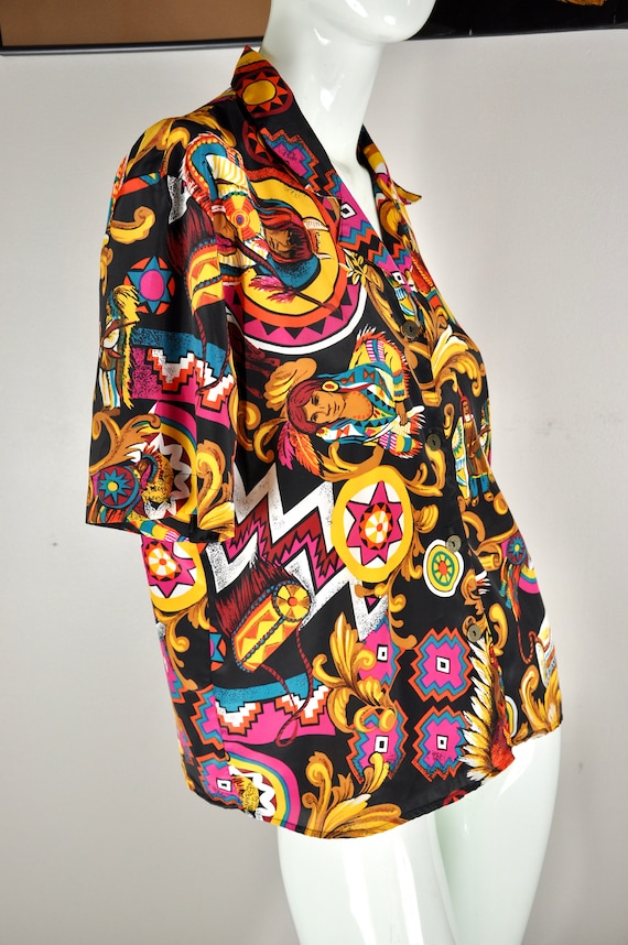 90s Native American Warrior Print Blouse, Notations, … - Gem