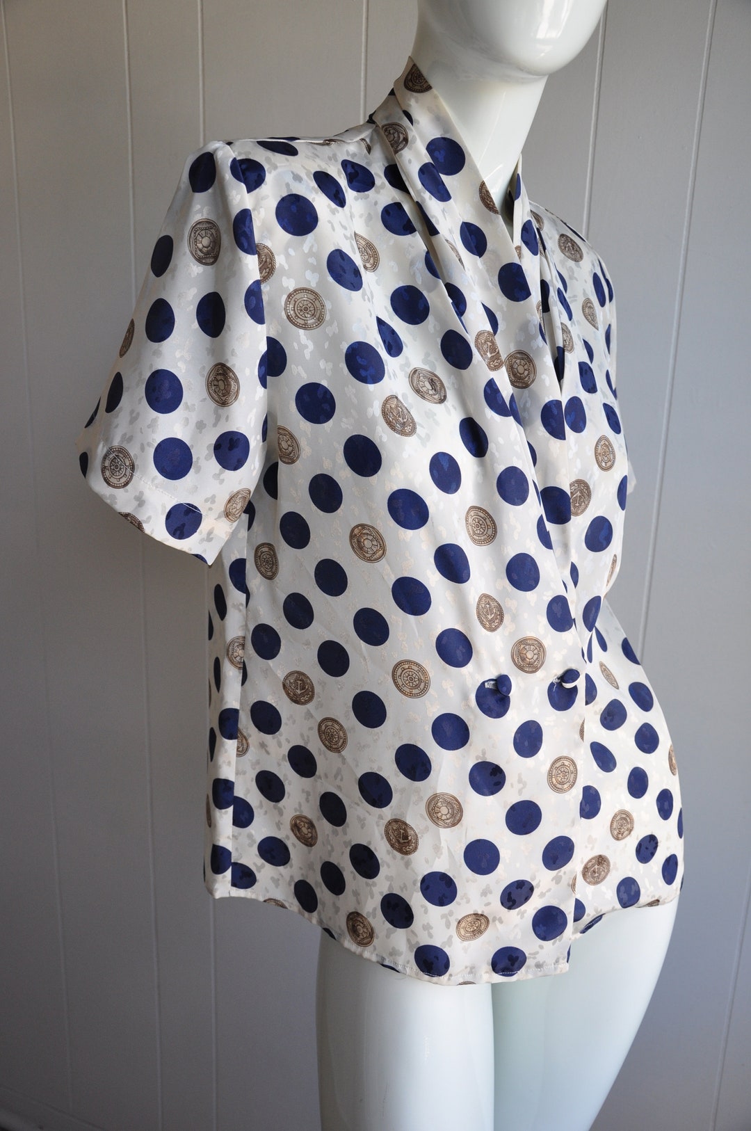 80s Polka Dot Blouse, Nautical Navy Blue and Gold W/ Anchors and Sailor ...