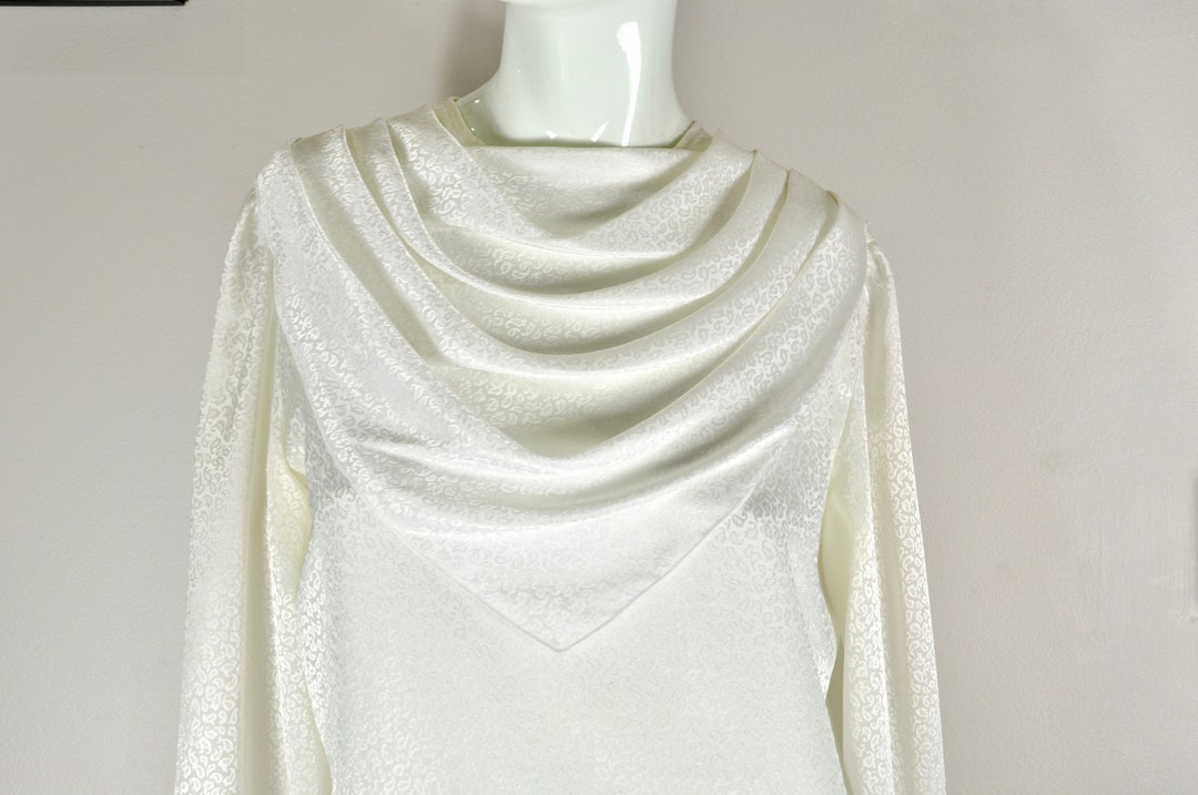 80s Cowl Neck Drape Bust White Satin Paisley Embossed Blouse, Size S/M ...