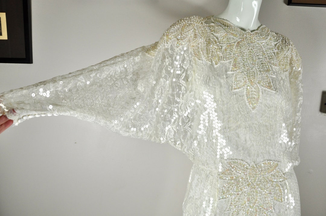 80s 20s Demetrios Beaded Sequin Flapper-style Wedding Dress W/ Batwing ...