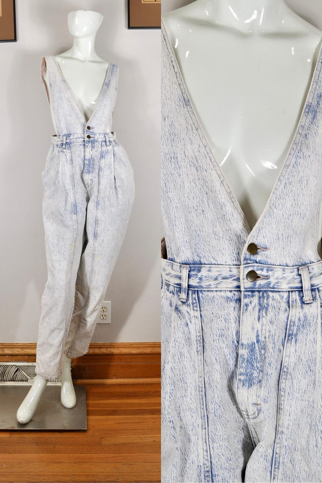 80s Acid Wash Overalls W/ Tapered Pants, Deep V, Stefano, Size 16 Waist ...