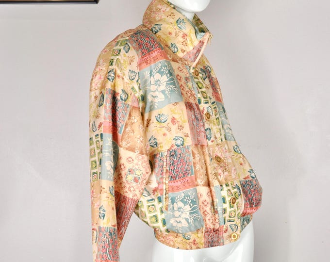 80s Cottagecore Windbreaker, Floral Silk Pink Patchwork Coat, Keren ...