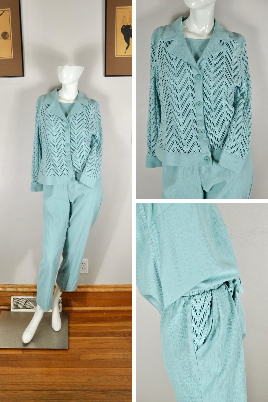 Y2K Cyan Blue Fishnet Jacket, Pants, Tank Top Set, Draper's and Damon's ...