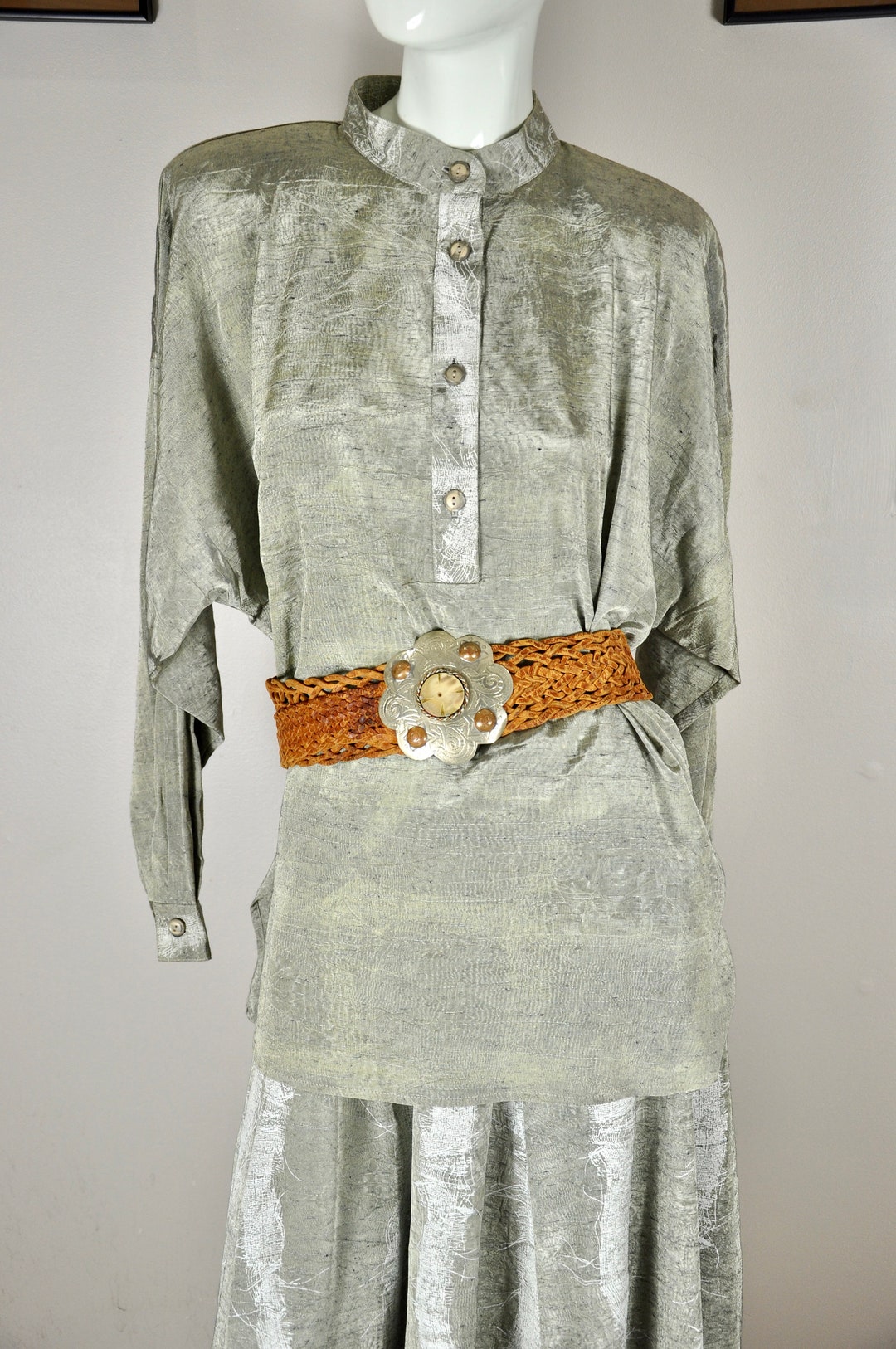 90s Sage Green White Sketch Boho Rayon Skirt Suit, Cavalluzzi, Size S/M ...