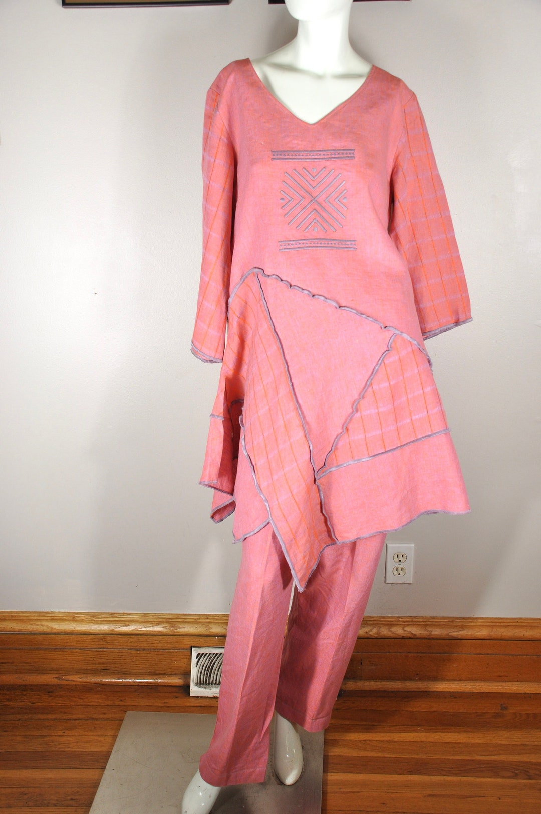 90s Salmon Pink Patchwork Embroidered Asymmetrical Linen Boho Loose ...