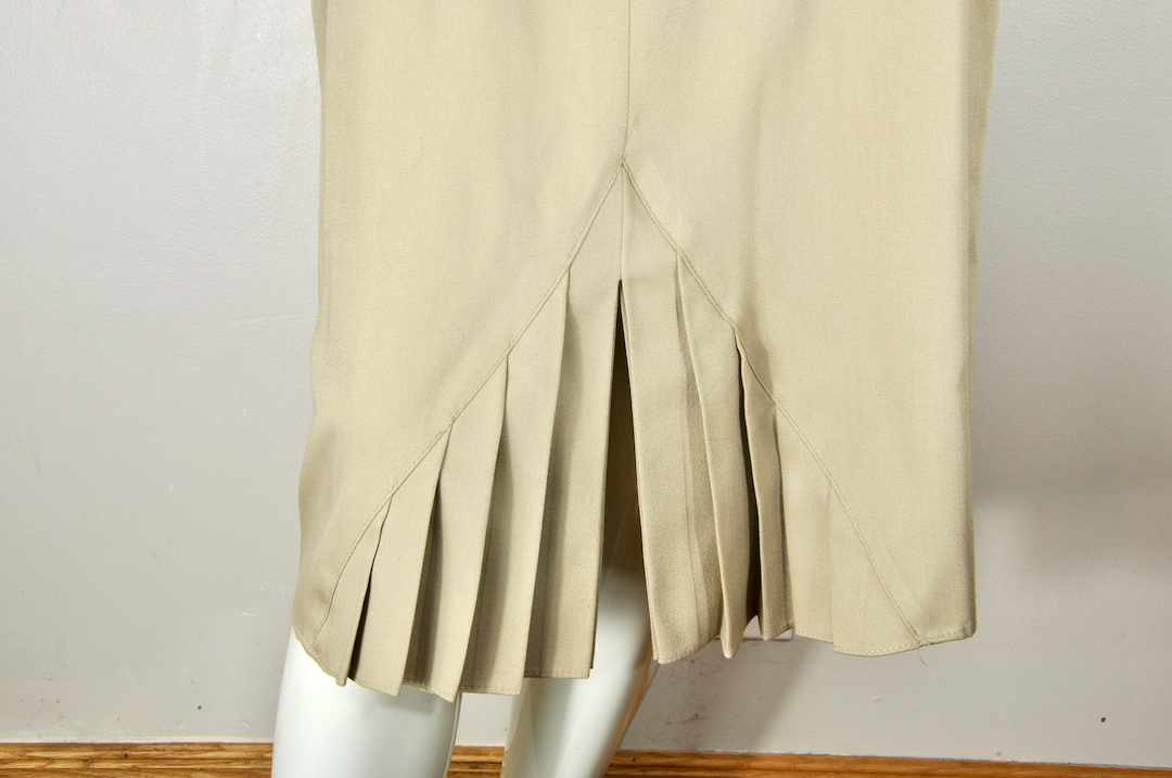 80s Tan Military-style Dress W/ Appliqué Shoulders, Tapestry Belt ...