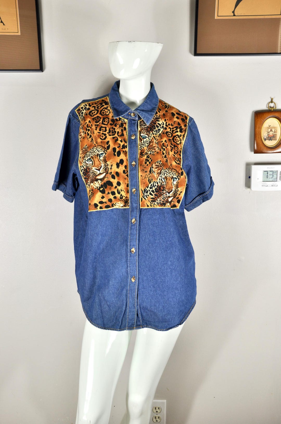 90s Leopard Face Denim Top: Quaker Factory Animal Print, Size M - Etsy