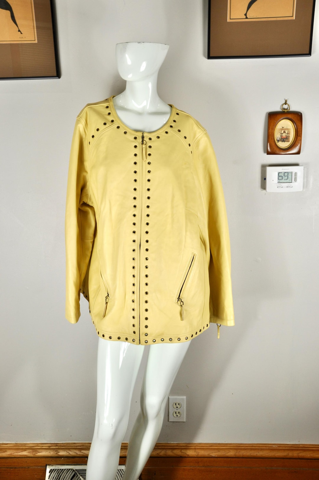 90s Yellow Leather Jacket W/ Grommet Eyelets, Size 2X, Bradley Bayou ...