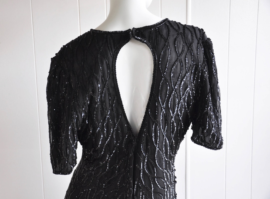 90s Goth Black Sequin Keyhole Dress W/ Feather/teardrop Pattern, Size M ...
