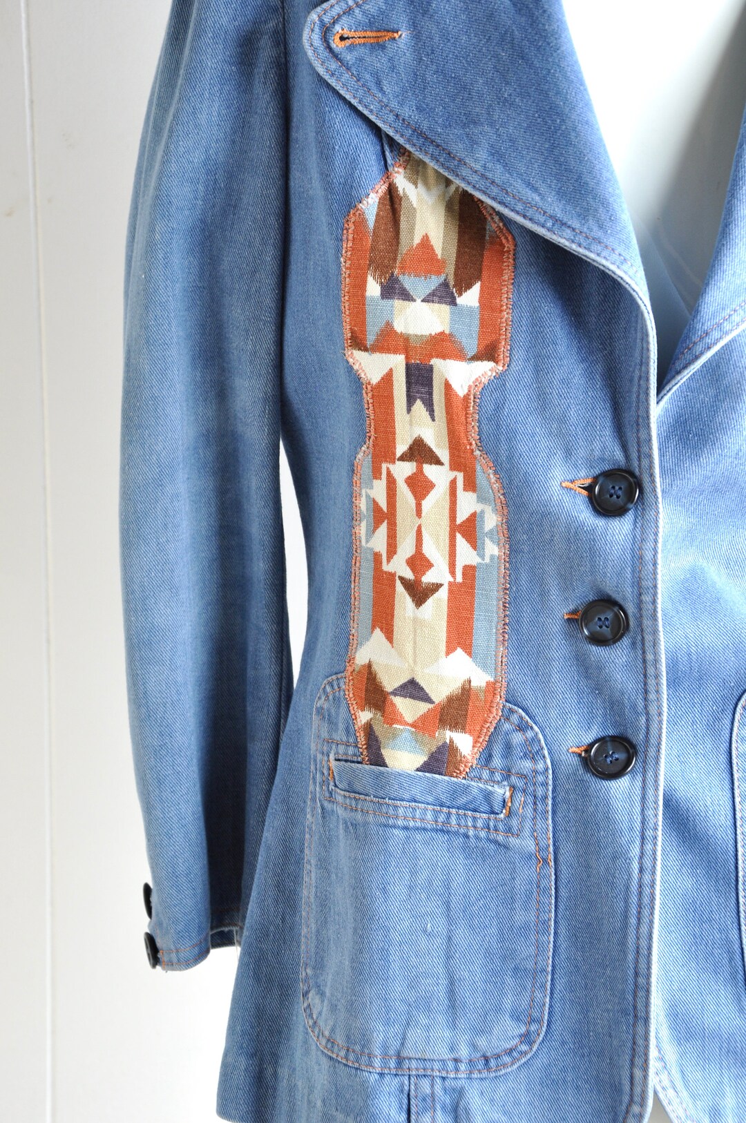70s Aztec Denim Jacket, XS Small, Made in Hong Kong, Patchwork Jacket ...