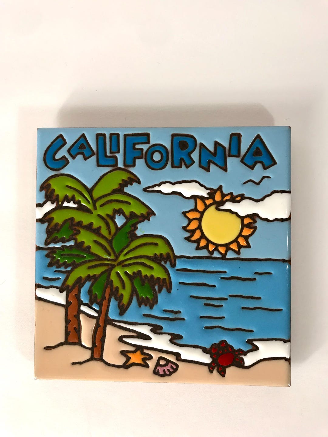 California Art Tile Beach Hand-painted Glazed, Y2K 60s Style, 6 X 6 ...