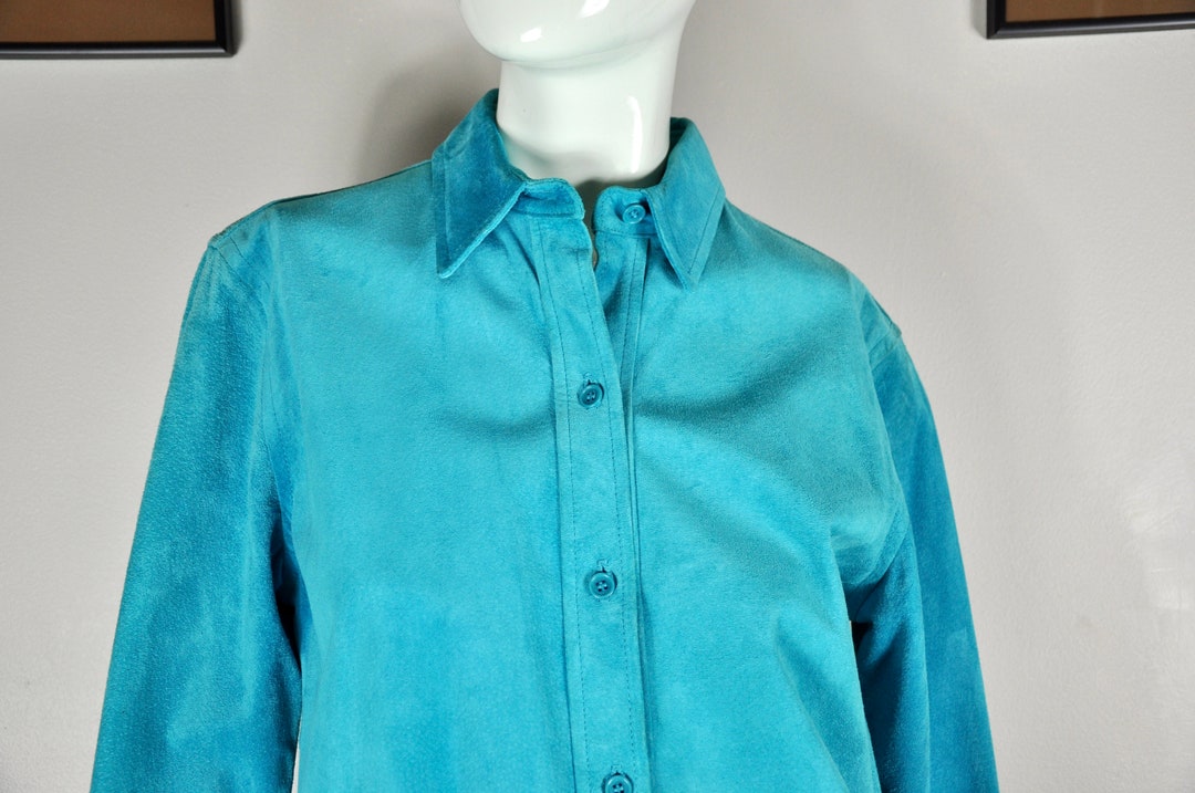 Y2K Sky Blue Turquoise Suede Button-up Blouse, Golden Bear San ...