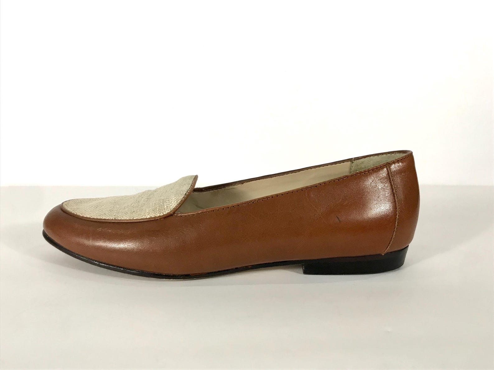 90s Slip-on Shoes, Linen and Brown Leather, Calico, Size 7.5M, Made in ...