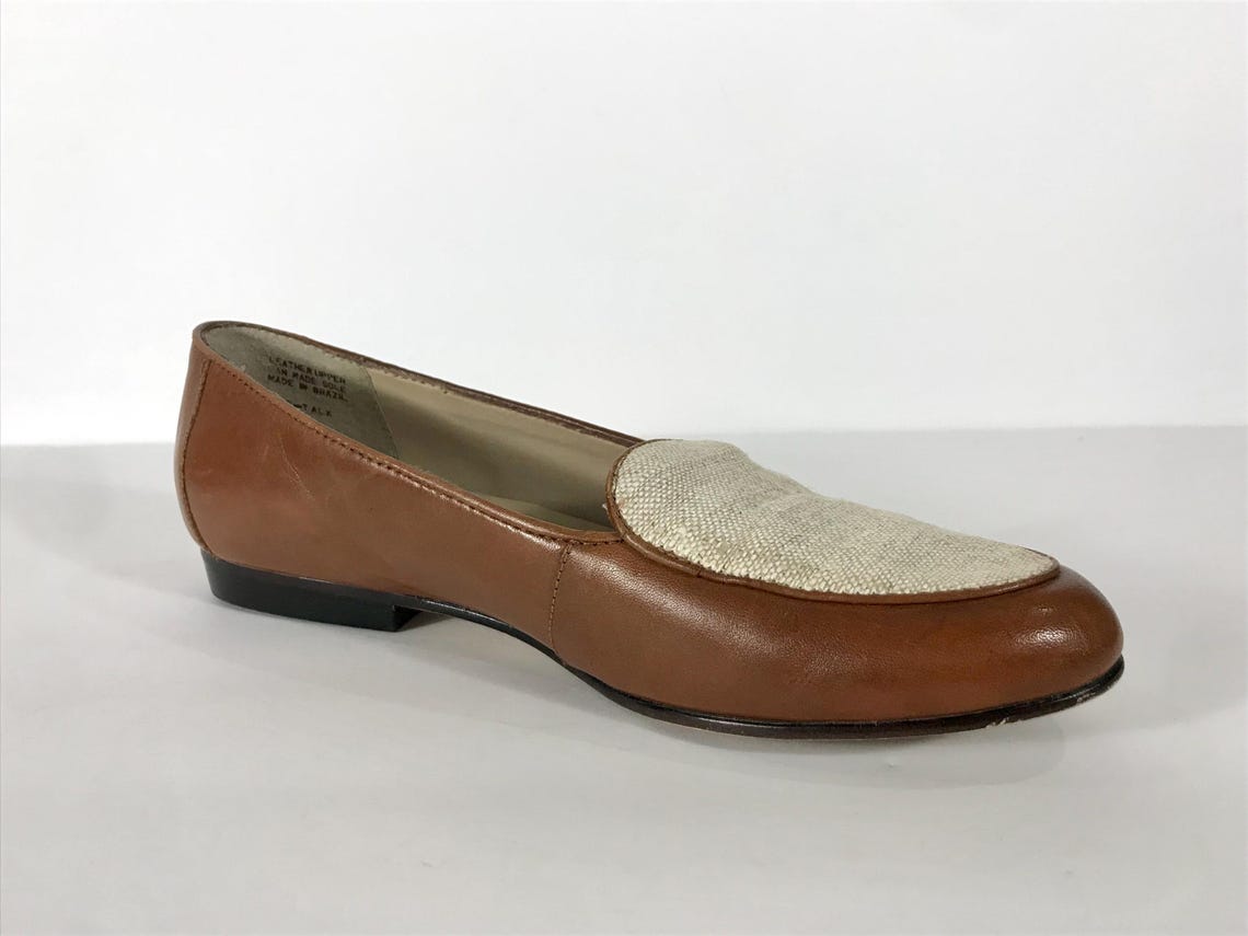 90s Slip-on Shoes, Linen and Brown Leather, Calico, Size 7.5M, Made in ...