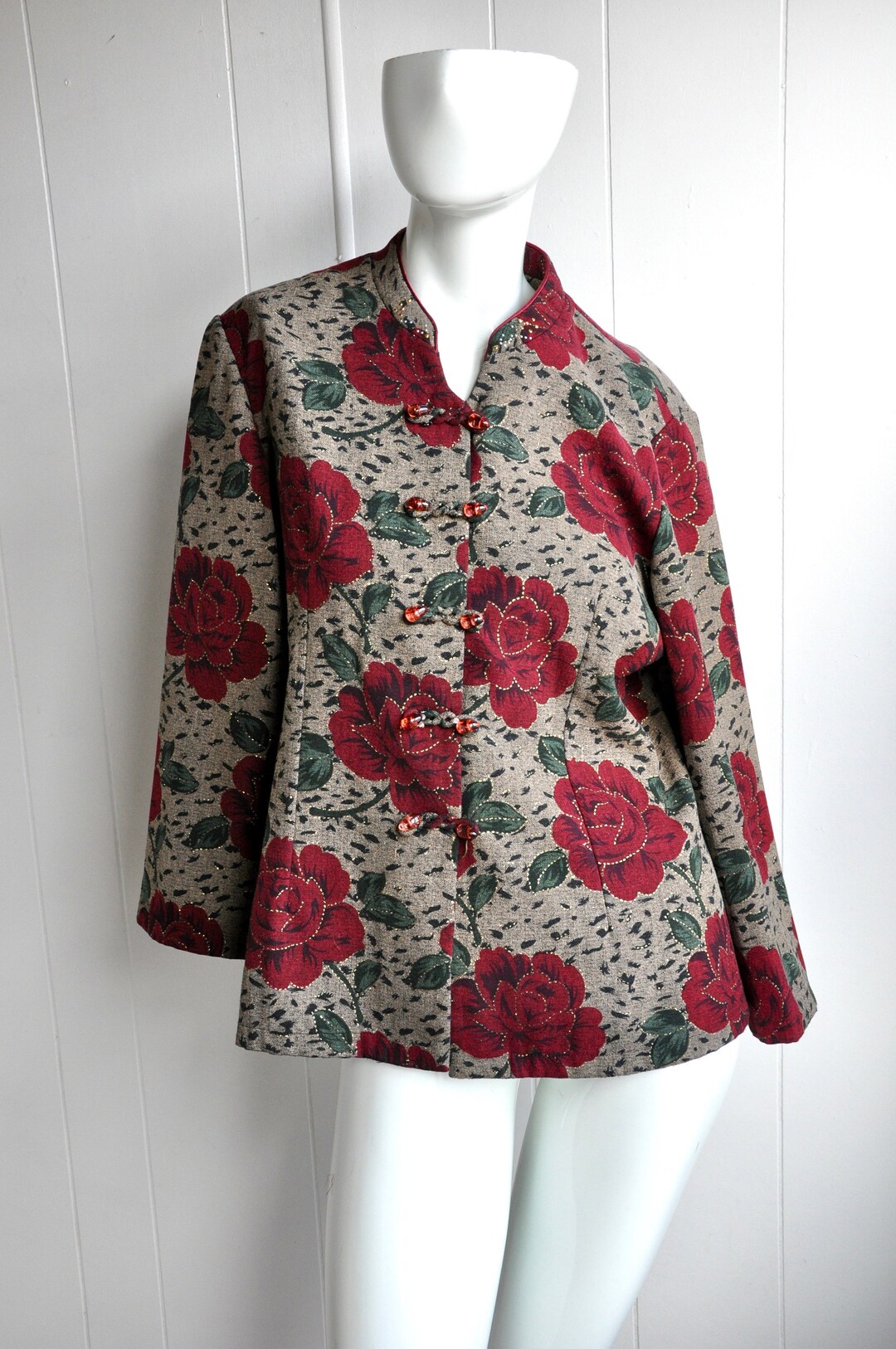 80s Rose Cheongsam Jacket Metallic Gold Top W/ Ruby Buttons, Size M/L ...
